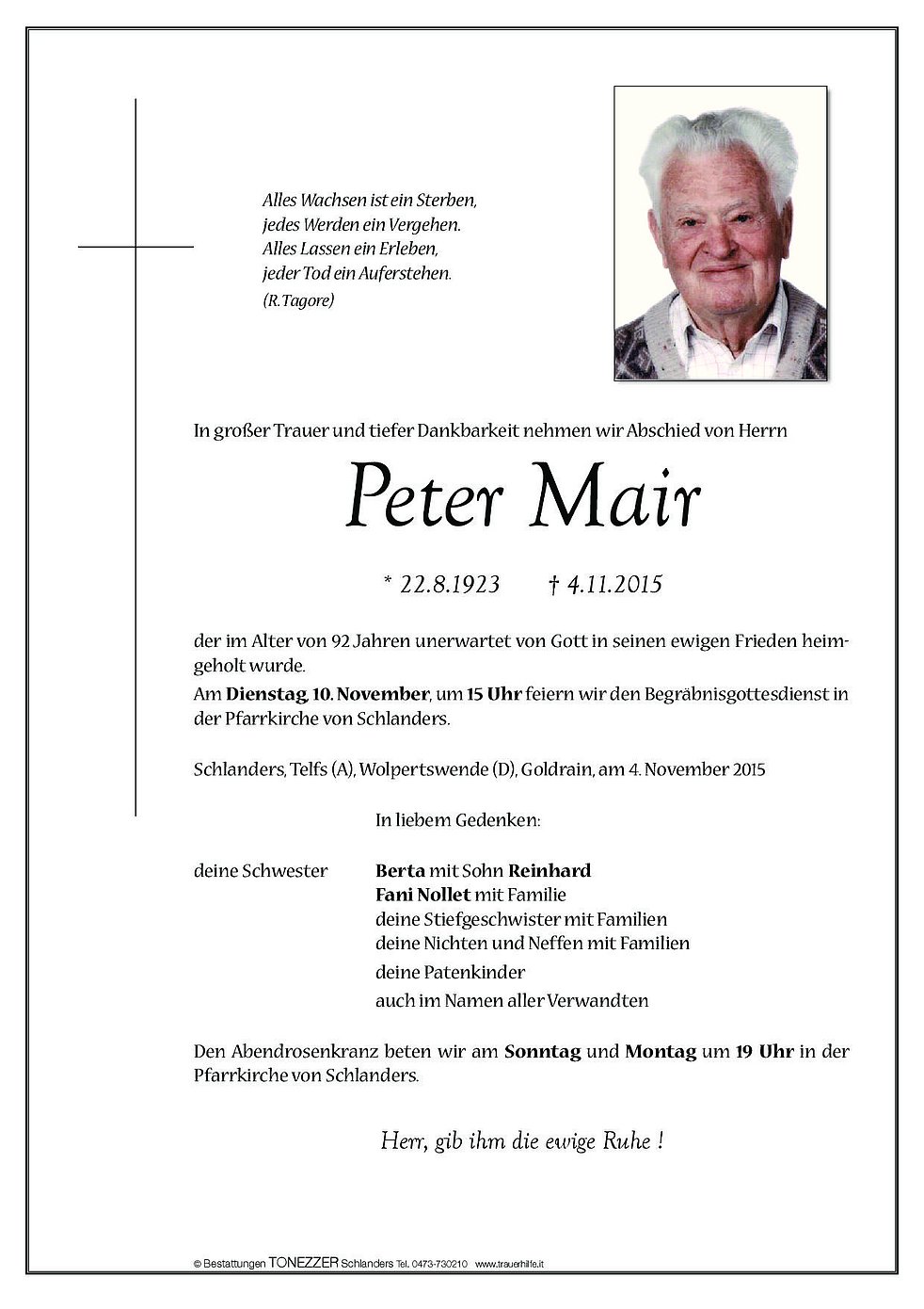 Peter Mair aus Schlanders - TrauerHilfe.it - das Südtiroler Gedenkportal