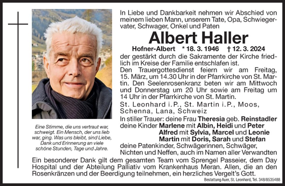 Albert Haller aus St. Leonhard i. P. - TrauerHilfe.it - das Südtiroler ...