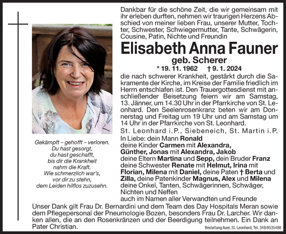 Elisabeth Anna Fauner aus St. Leonhard i. P. - TrauerHilfe.it - das ...