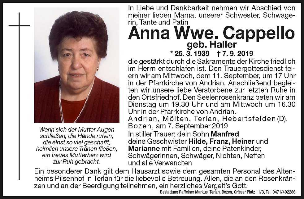 Anna Wwe. Cappello aus Andrian - TrauerHilfe.it - das Südtiroler ...