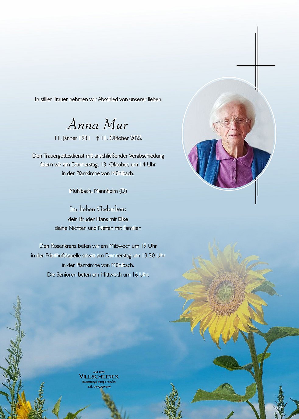 Anna Mur aus Mühlbach - TrauerHilfe.it - das Südtiroler Gedenkportal