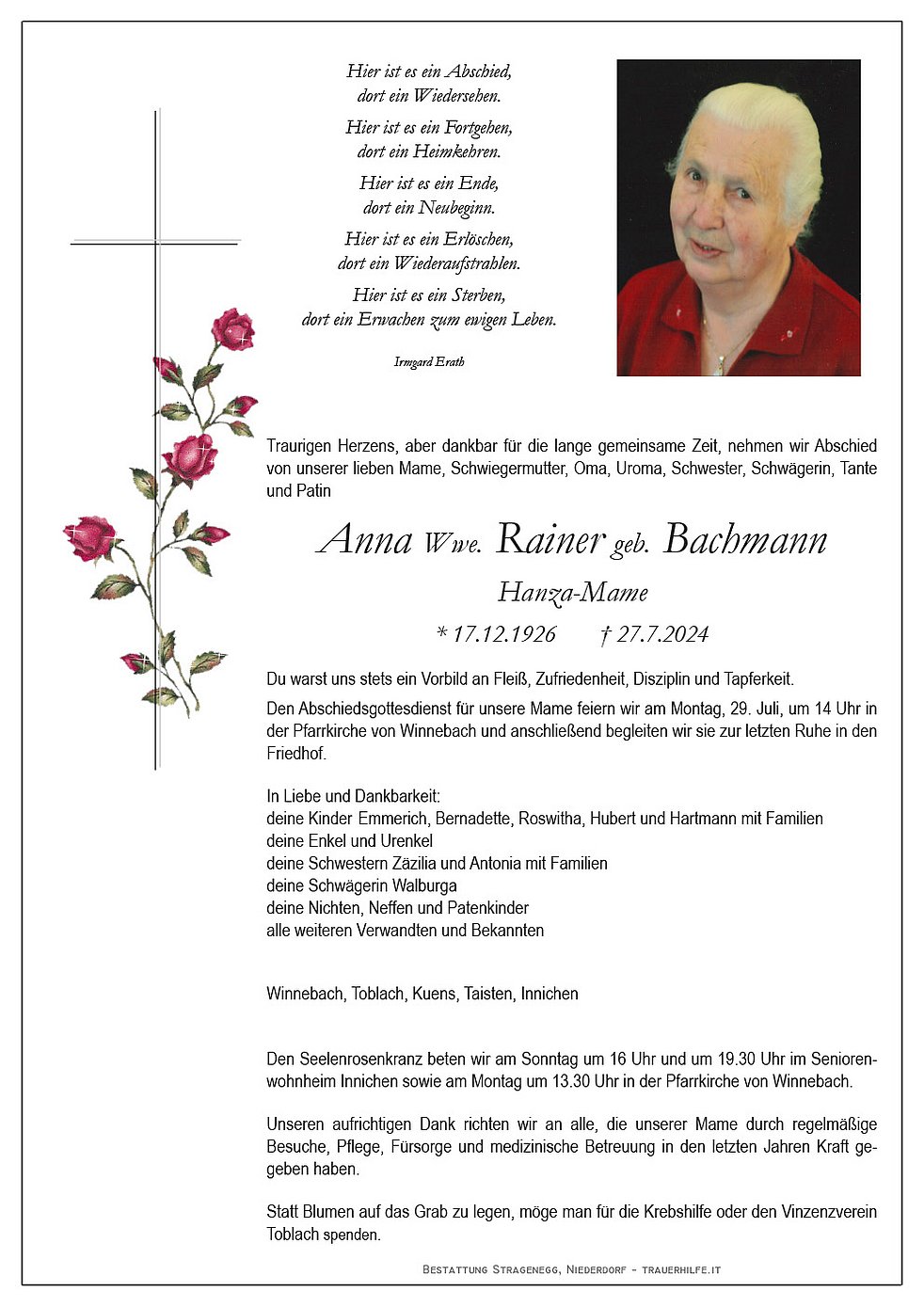 Anna Wwe. Rainer geb. Bachmann aus Innichen - TrauerHilfe.it - das ...