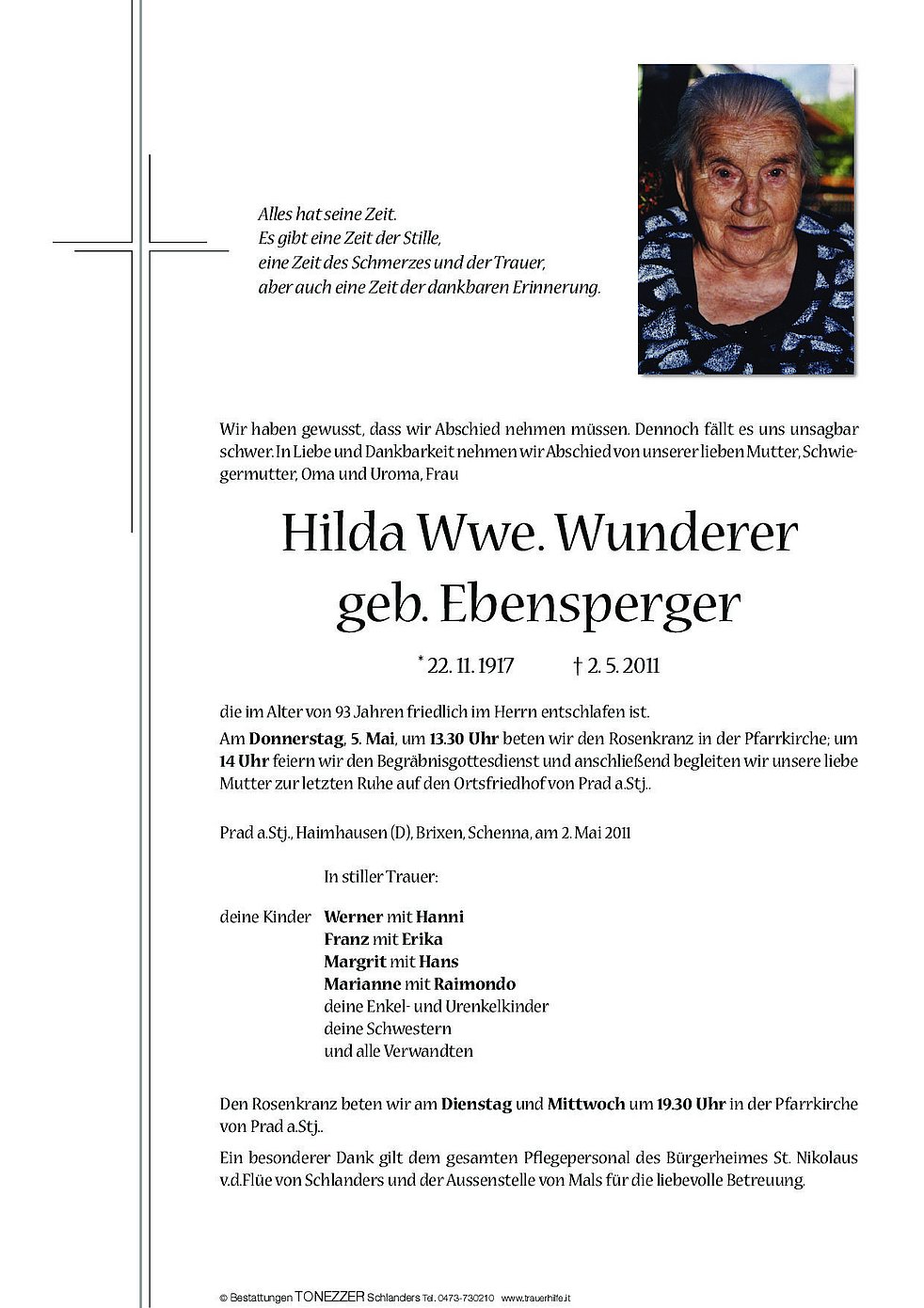 Hilda Wwe. Wunderer aus Prad am Stilfserjoch - TrauerHilfe.it - das Südtiroler Gedenkportal