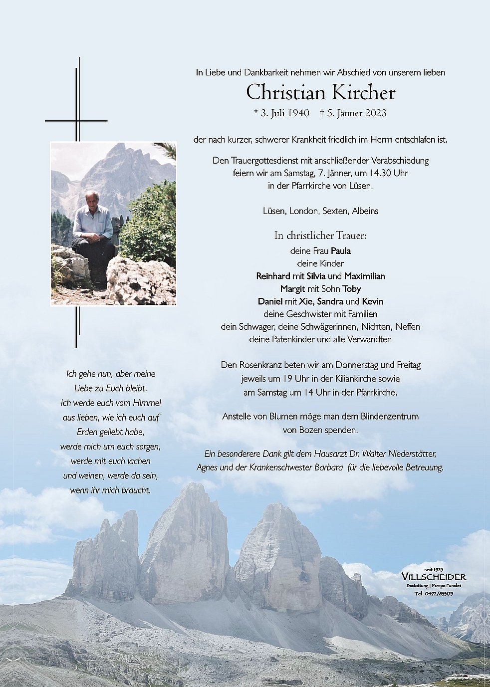 Christian Kircher aus Lüsen - TrauerHilfe.it - das Südtiroler Gedenkportal