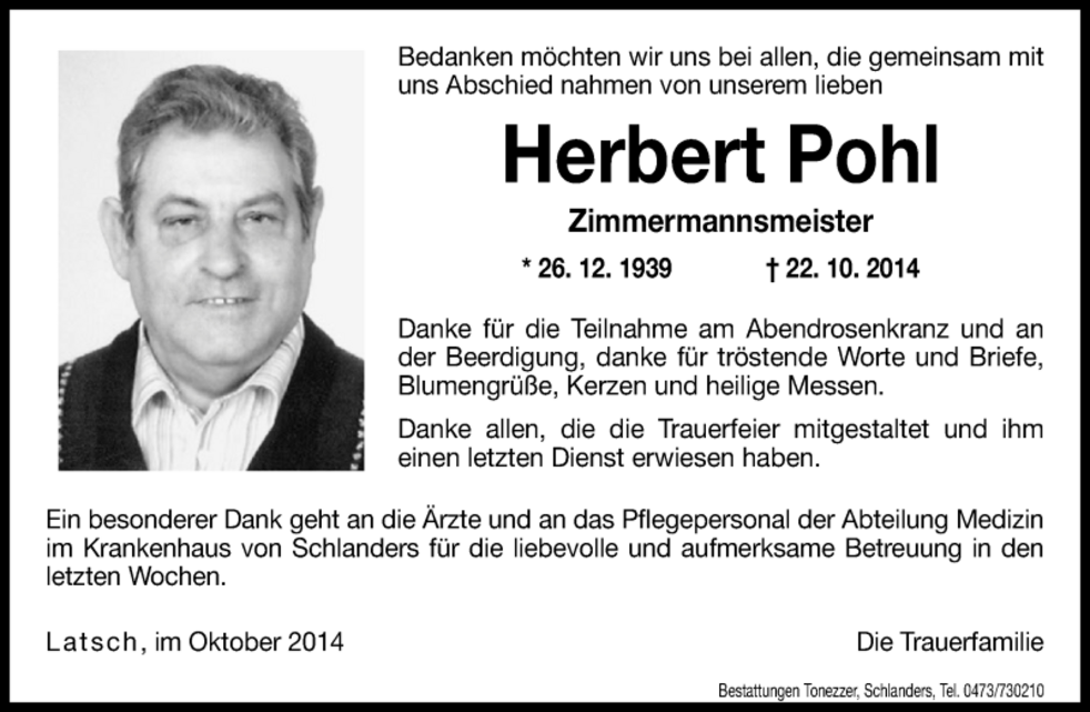 Herbert Pohl aus Latsch - TrauerHilfe.it - das Südtiroler Gedenkportal