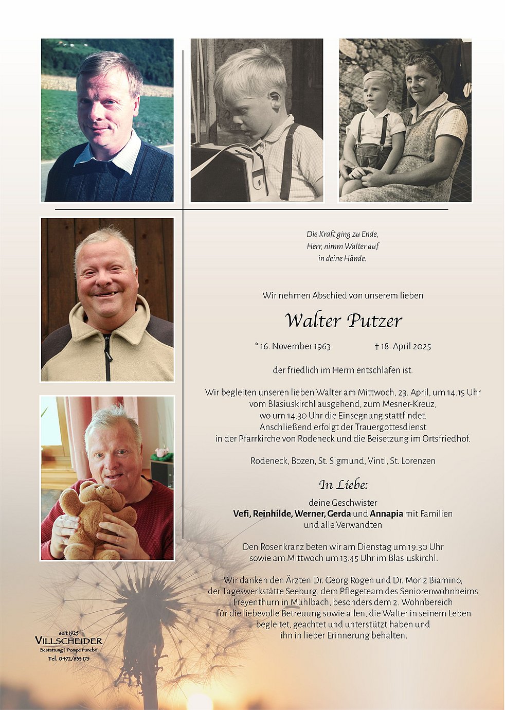 Walter Putzer aus Rodeneck - TrauerHilfe.it - das Südtiroler Gedenkportal