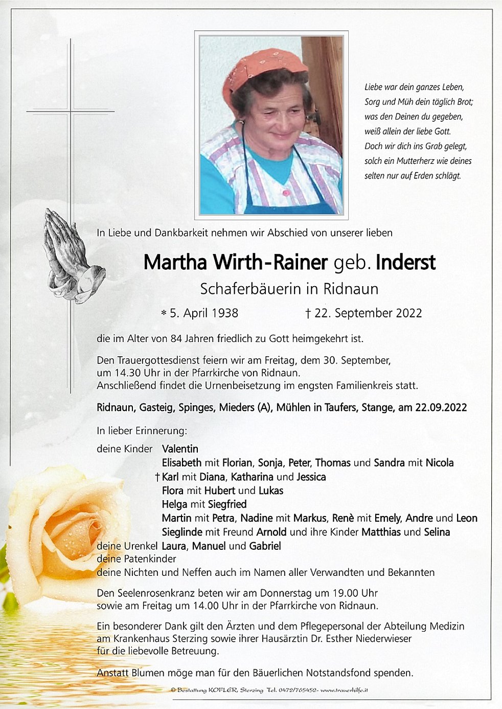 Martha Wirth- Rainer aus Ratschings - TrauerHilfe.it - das Südtiroler ...