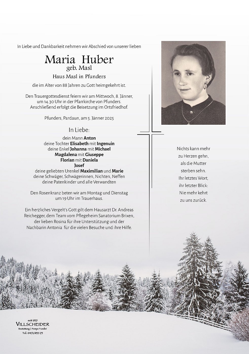 Maria Huber aus Vintl - TrauerHilfe.it - das Südtiroler Gedenkportal
