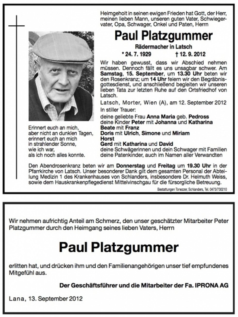 Paul Platzgummer aus Latsch - TrauerHilfe.it - das Südtiroler Gedenkportal