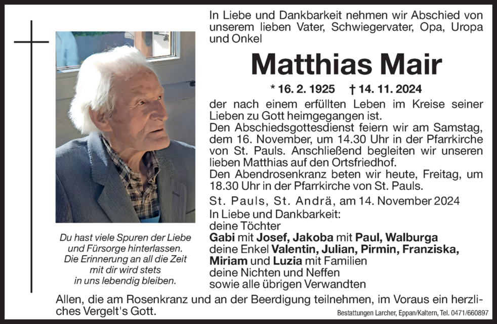 Matthias Mair aus Eppan a. d. W. - TrauerHilfe.it - das Südtiroler Gedenkportal