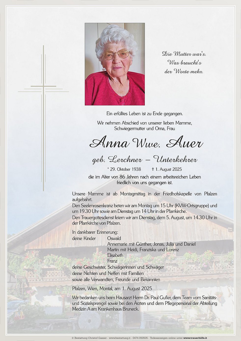 Anna Wwe. Auer aus Pfalzen - TrauerHilfe.it - das Südtiroler Gedenkportal