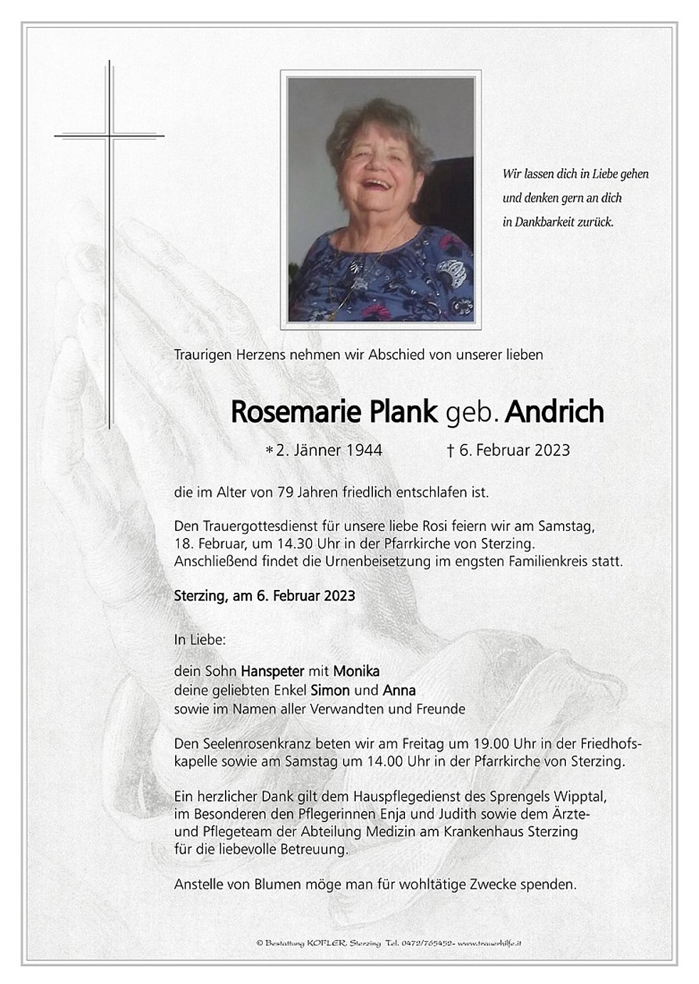 Rosemarie Plank aus Sterzing - TrauerHilfe.it - das Südtiroler Gedenkportal