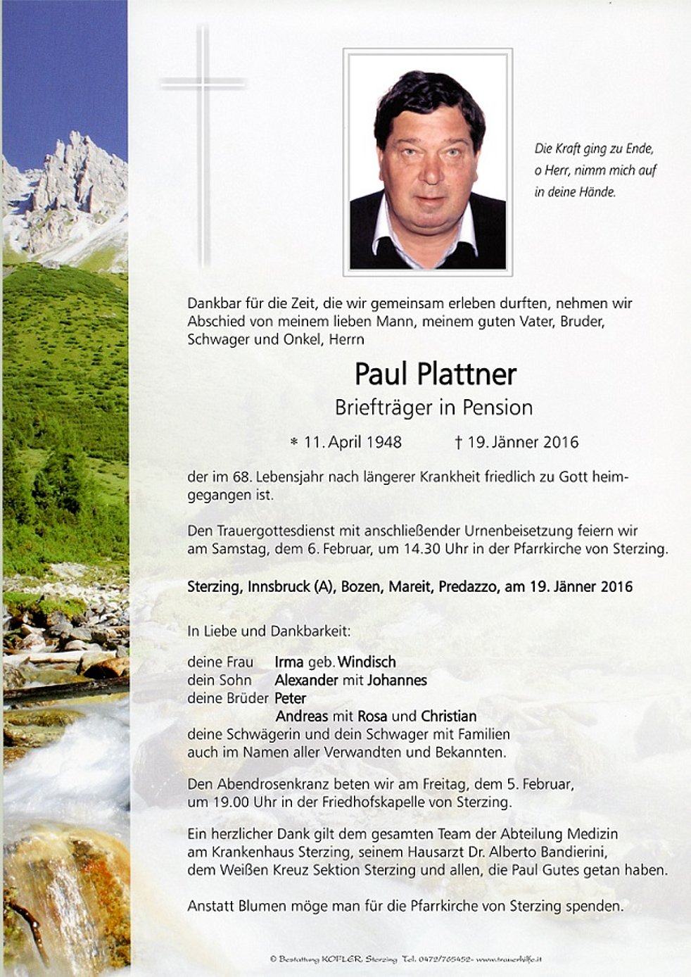 Paul Plattner aus Sterzing - TrauerHilfe.it - das Südtiroler Gedenkportal