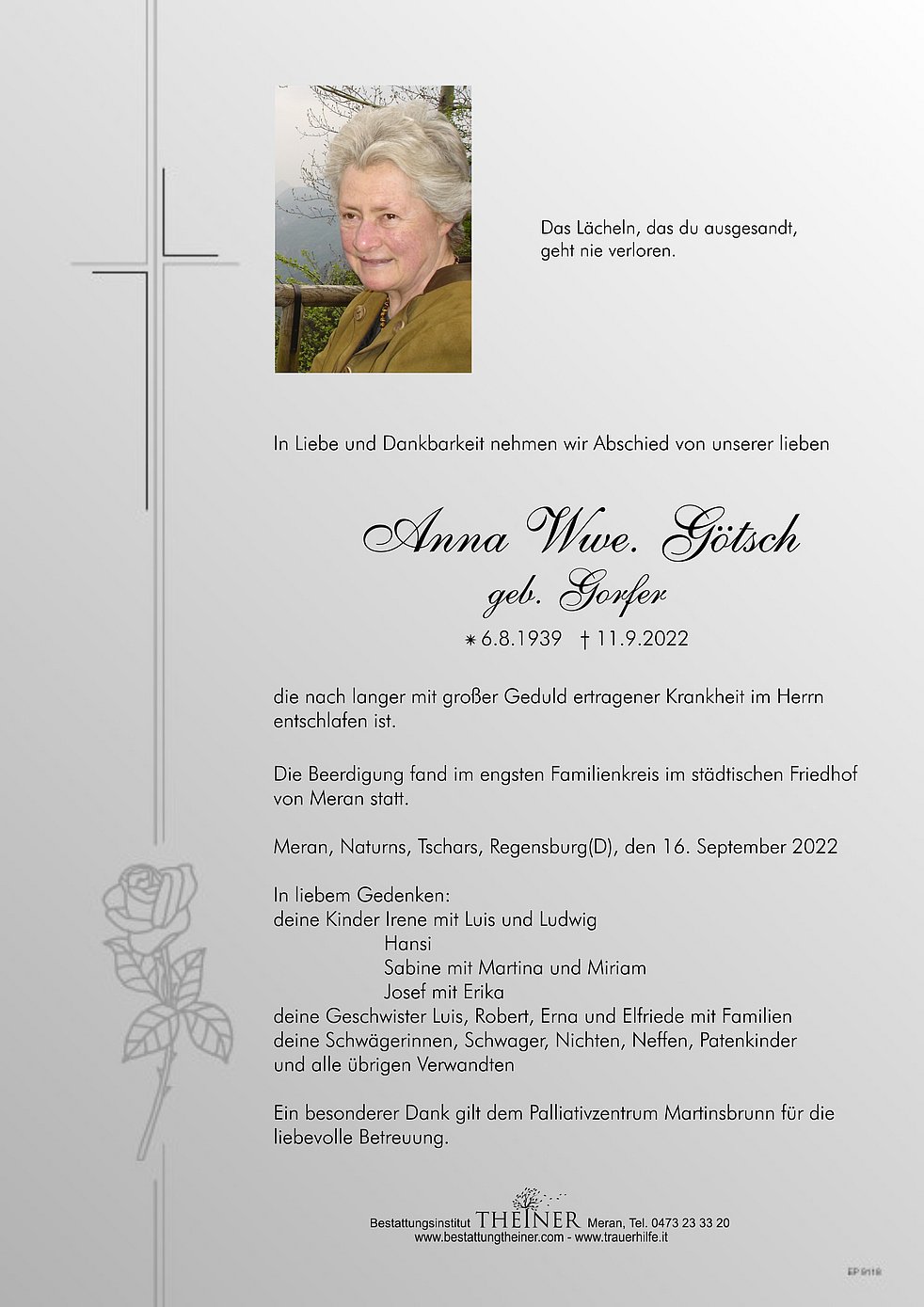 Anna Wwe. Götsch aus Meran - TrauerHilfe.it - das Südtiroler Gedenkportal