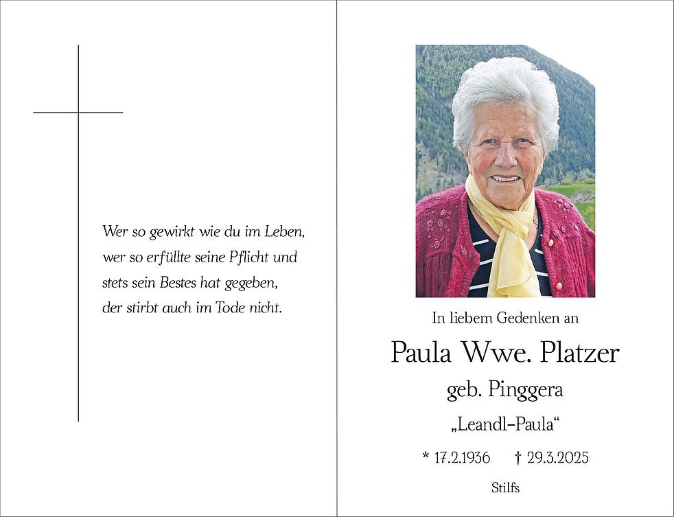Paula Wwe. Platzer aus Stilfs - TrauerHilfe.it - das Südtiroler ...