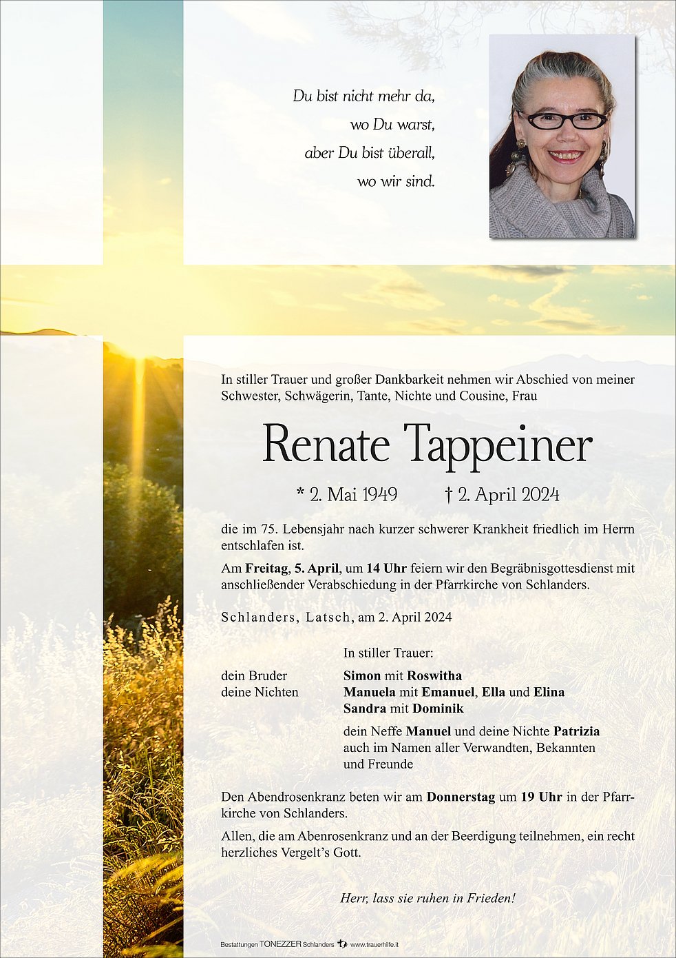 Renate Tappeiner aus Meran - TrauerHilfe.it - das Südtiroler Gedenkportal Renate Tappeiner aus Meran - TrauerHilfe.it - das Südtiroler Gedenkportal