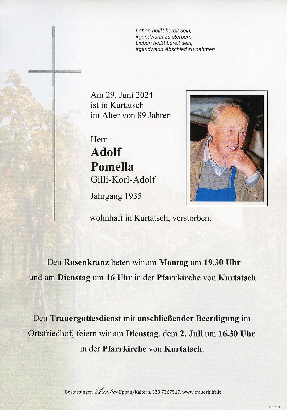 Adolf Pomella aus Kurtatsch a.d.W. - TrauerHilfe.it - das Südtiroler ...