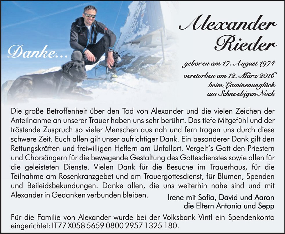 Alexander Rieder aus Kiens - TrauerHilfe.it - das Südtiroler Gedenkportal