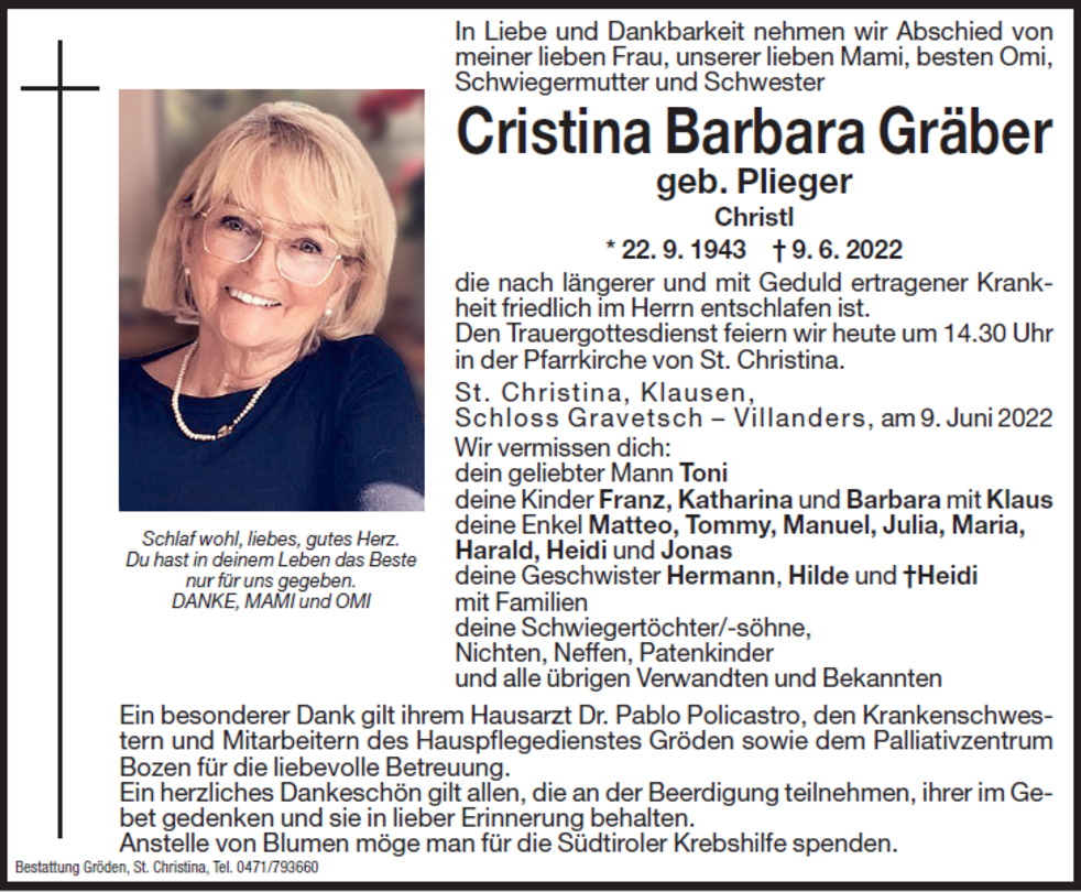 Cristina Barbara Gräber aus St. Christina in G. - TrauerHilfe.it - das ...