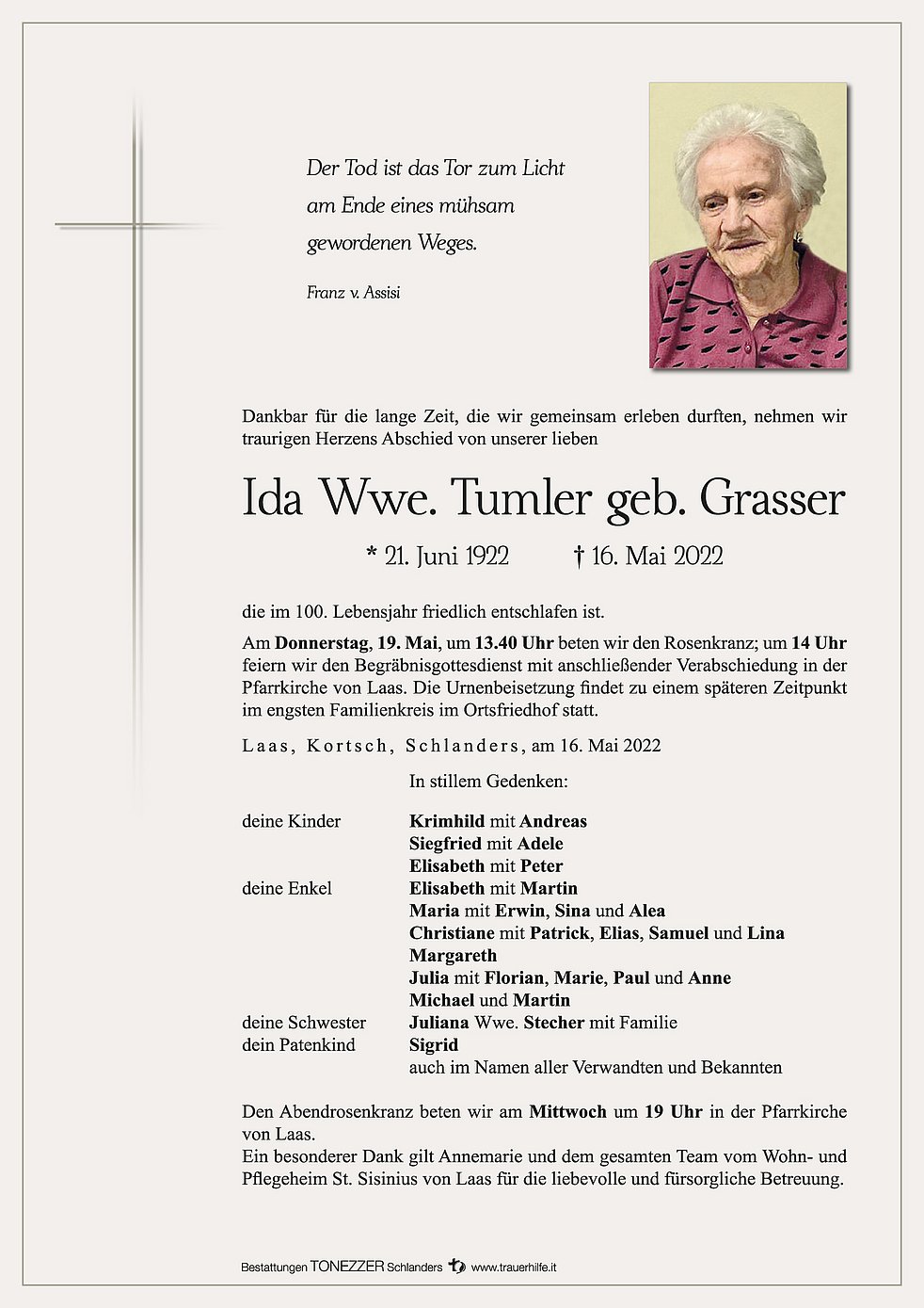 Ida Wwe. Tumler aus Laas - TrauerHilfe.it - das Südtiroler Gedenkportal