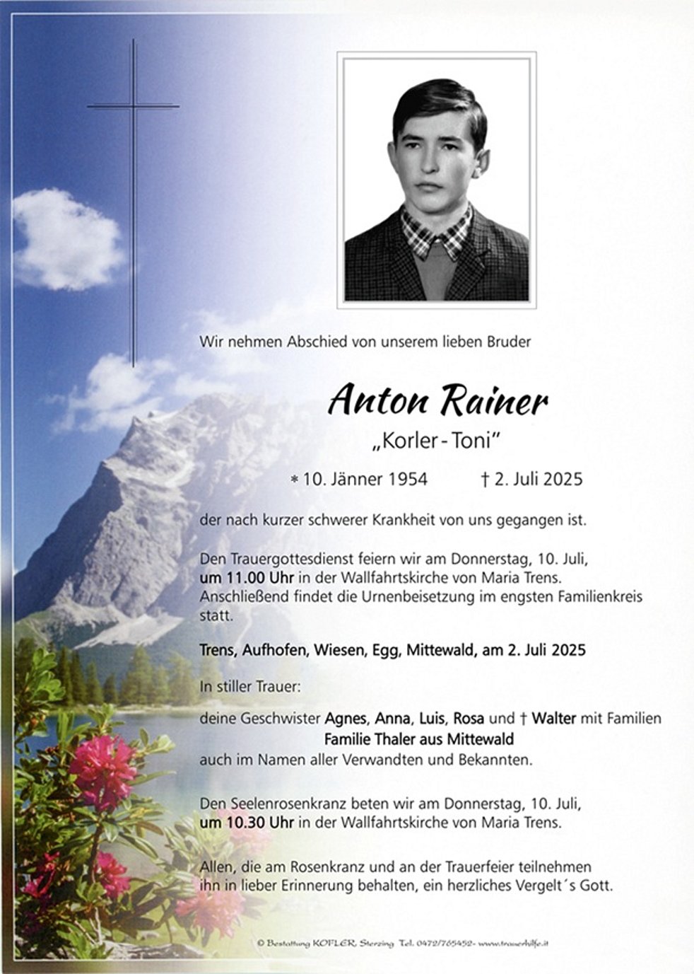 Anton Rainer aus Freienfeld - TrauerHilfe.it - das Südtiroler Gedenkportal
