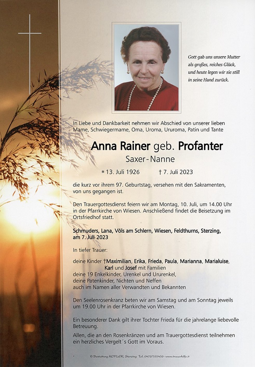 Anna Rainer aus Pfitsch - TrauerHilfe.it - das Südtiroler Gedenkportal
