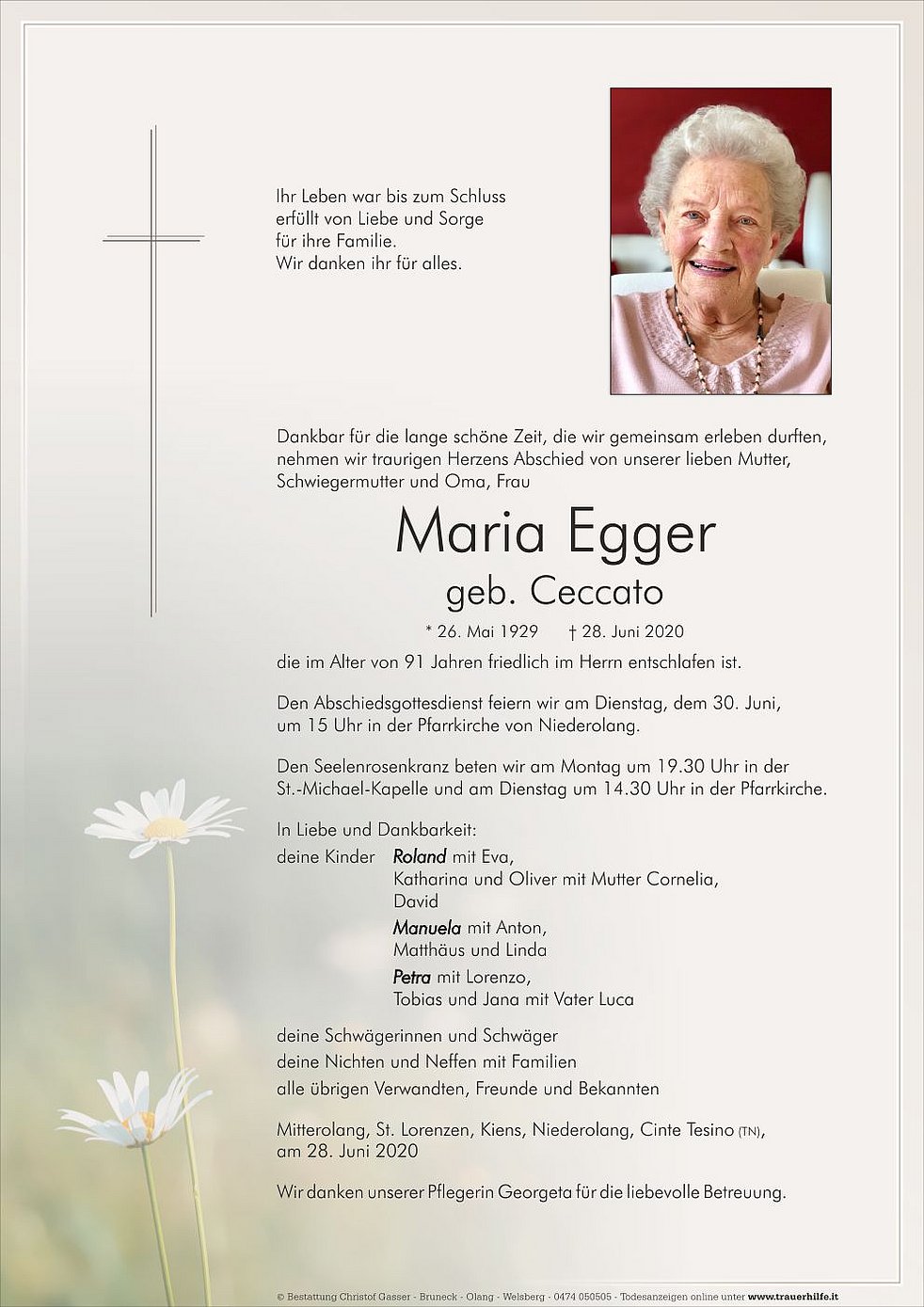 Maria Egger aus Olang - TrauerHilfe.it - das Südtiroler Gedenkportal