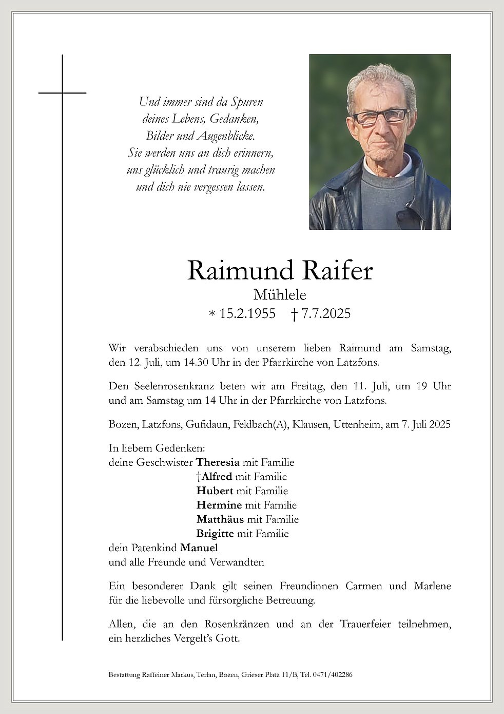 Raimund Raifer aus Bozen - TrauerHilfe.it - das Südtiroler Gedenkportal