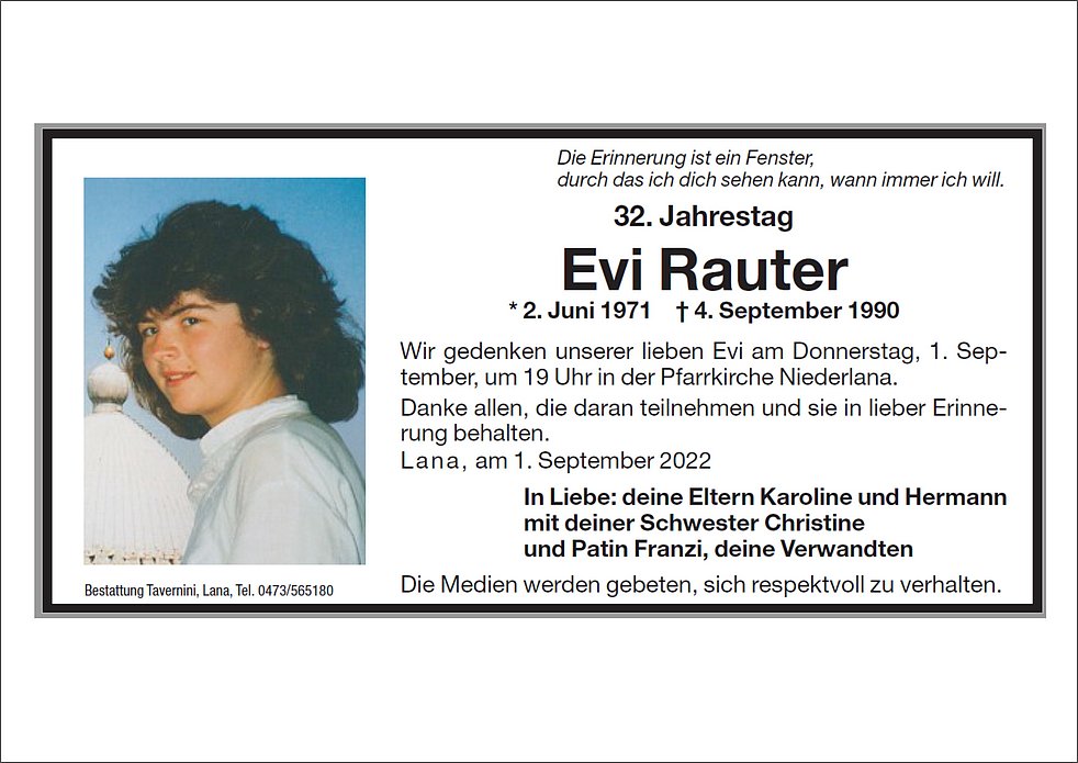 Evi Rauter aus Lana - TrauerHilfe.it - das Südtiroler Gedenkportal